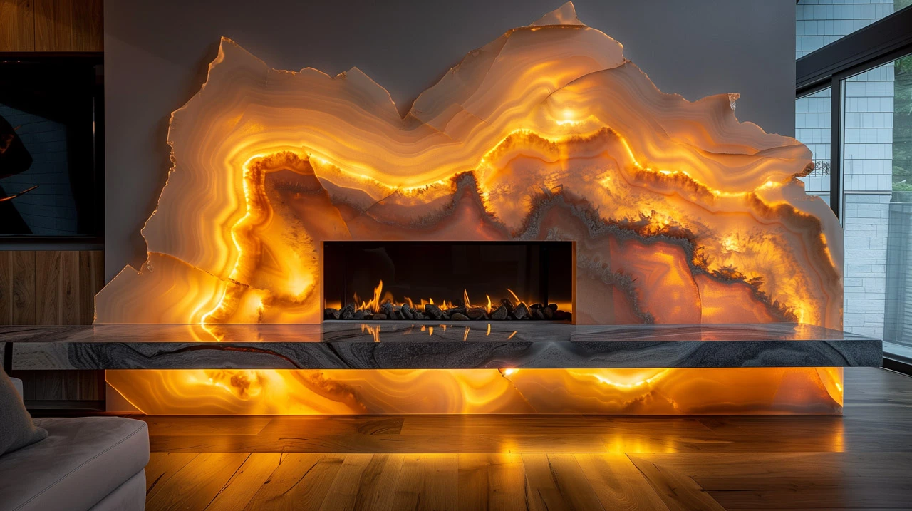 ᑕ ᑐ Stunning Backlit Onyx Stone Electric Fireplace Wall